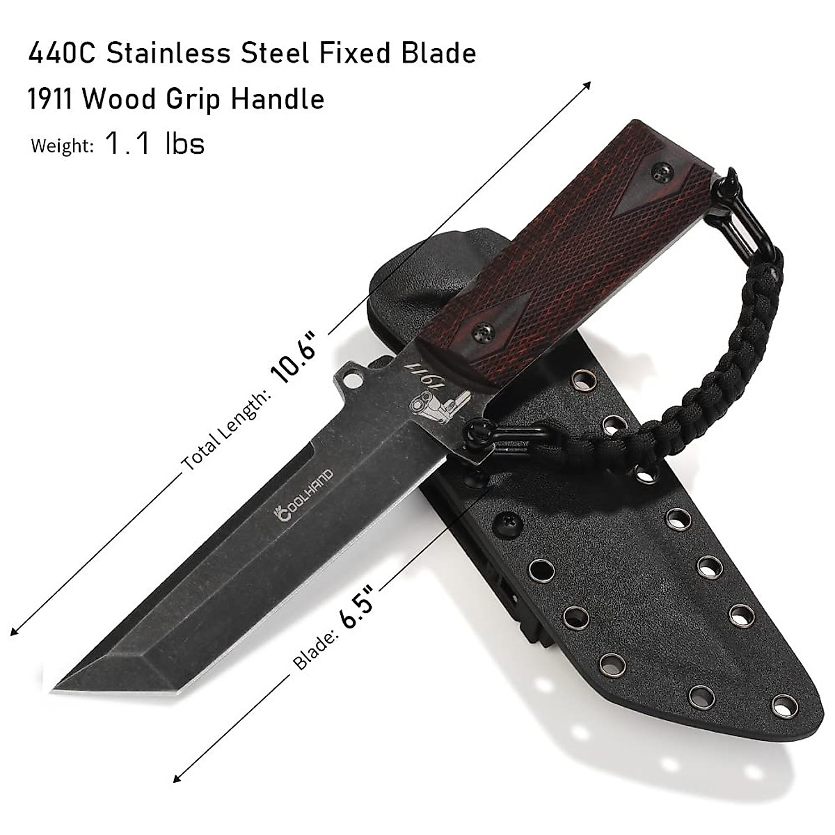 Cool Hand Beast Survival Hunting Knife with Sheath, Replaceable 1911 Wood Grips Handle, Black Stone Washed 0.2" Thick D2 Steel Tanto Fixed Blade Knives, 1911F-BW