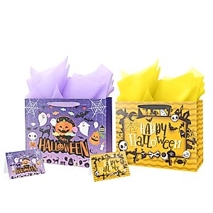 Ranfashiong 13" Halloween Large Gift Bag with Card and Tissue Paper Pumpkin Design Trick or Treat Party - Purple yellow 2Pcs