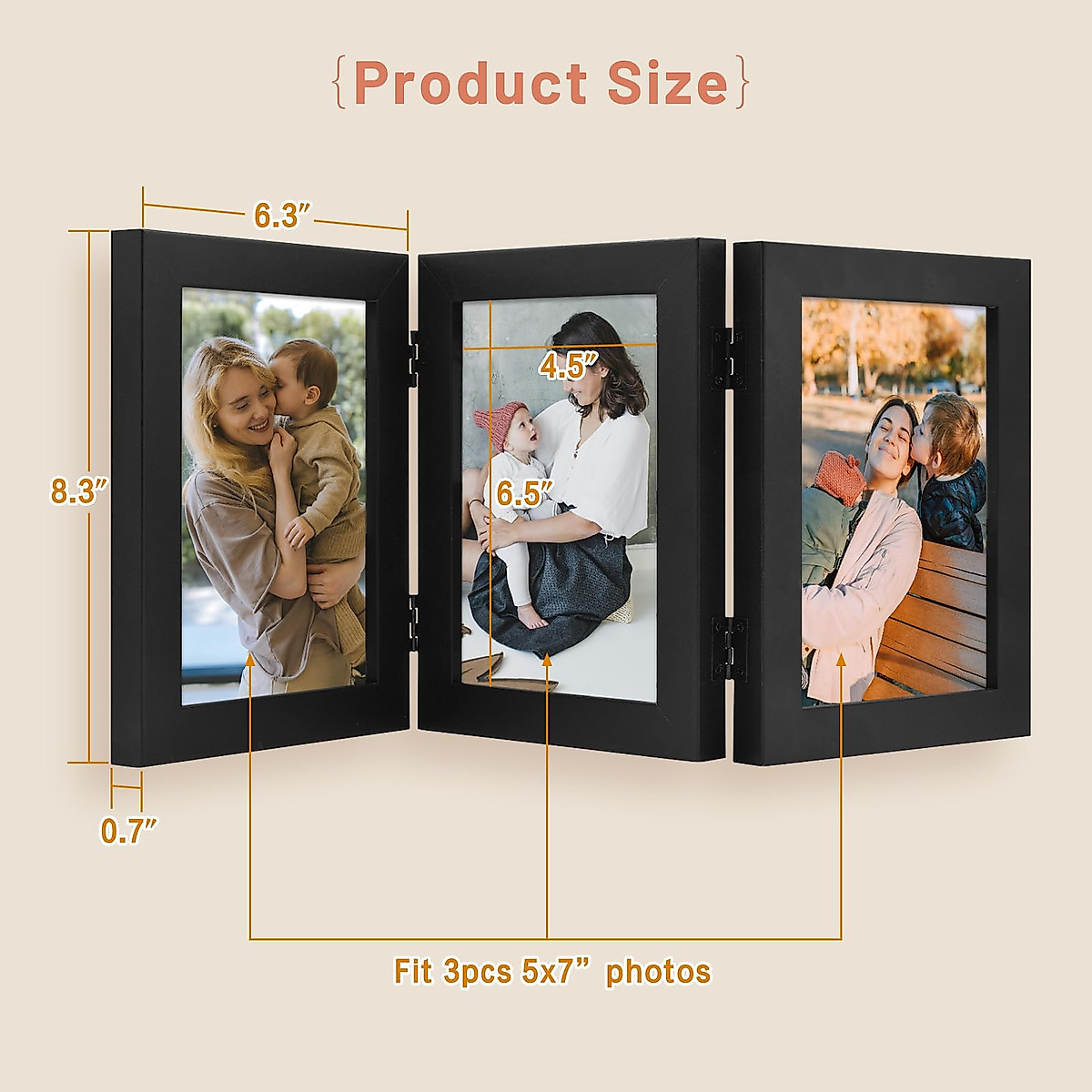 Golden State Art, 5x7 Three Picture Frame Trifold Hinged Photo Frame with 3 Openings, Desk Top Family Picture Collage, with Real Glass (5x7 Triple, Black, 1-Pack)