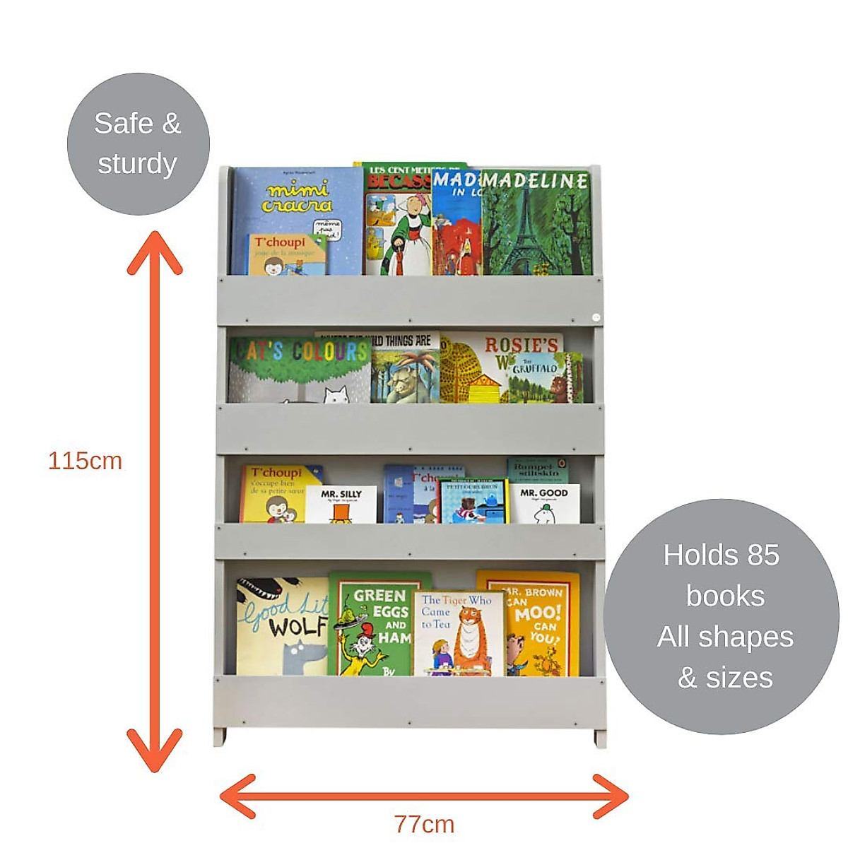 Tidy Books® Children’s Bookshelf 43.3” x 30.3” x 2.8” - The Original Handmade Classic Book Storage Solution for Kids Age 0-10 - 4 Shelves - Gray