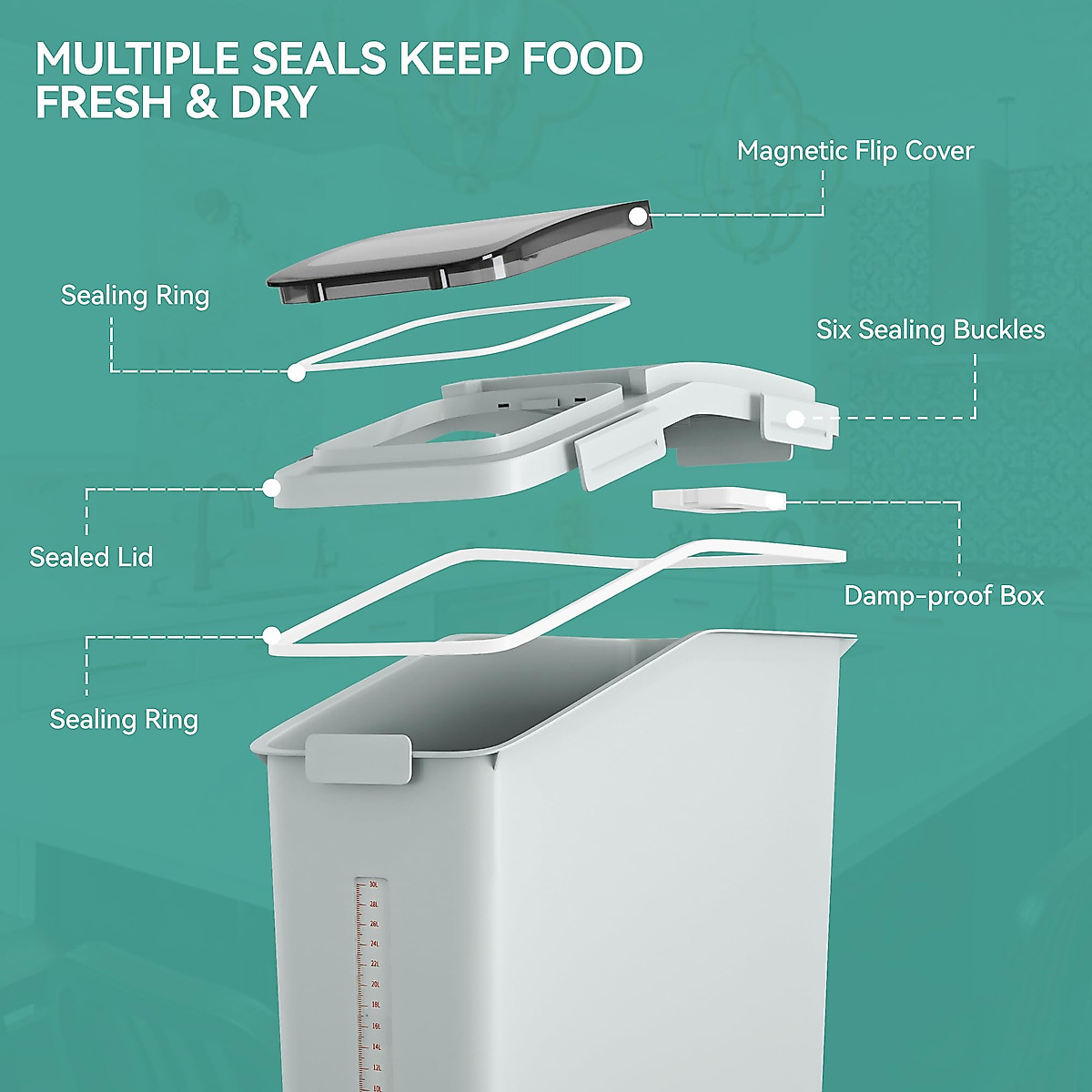 YITAHOME Ingredient Flour Storage Bin, Commercial 11.4-Gallon Flour Storage Container 280 Cups Rice Storage Bins with Wheels Shelf-storage Bin with Scoop and Lid, Rice Bin for Kitchen, Gray