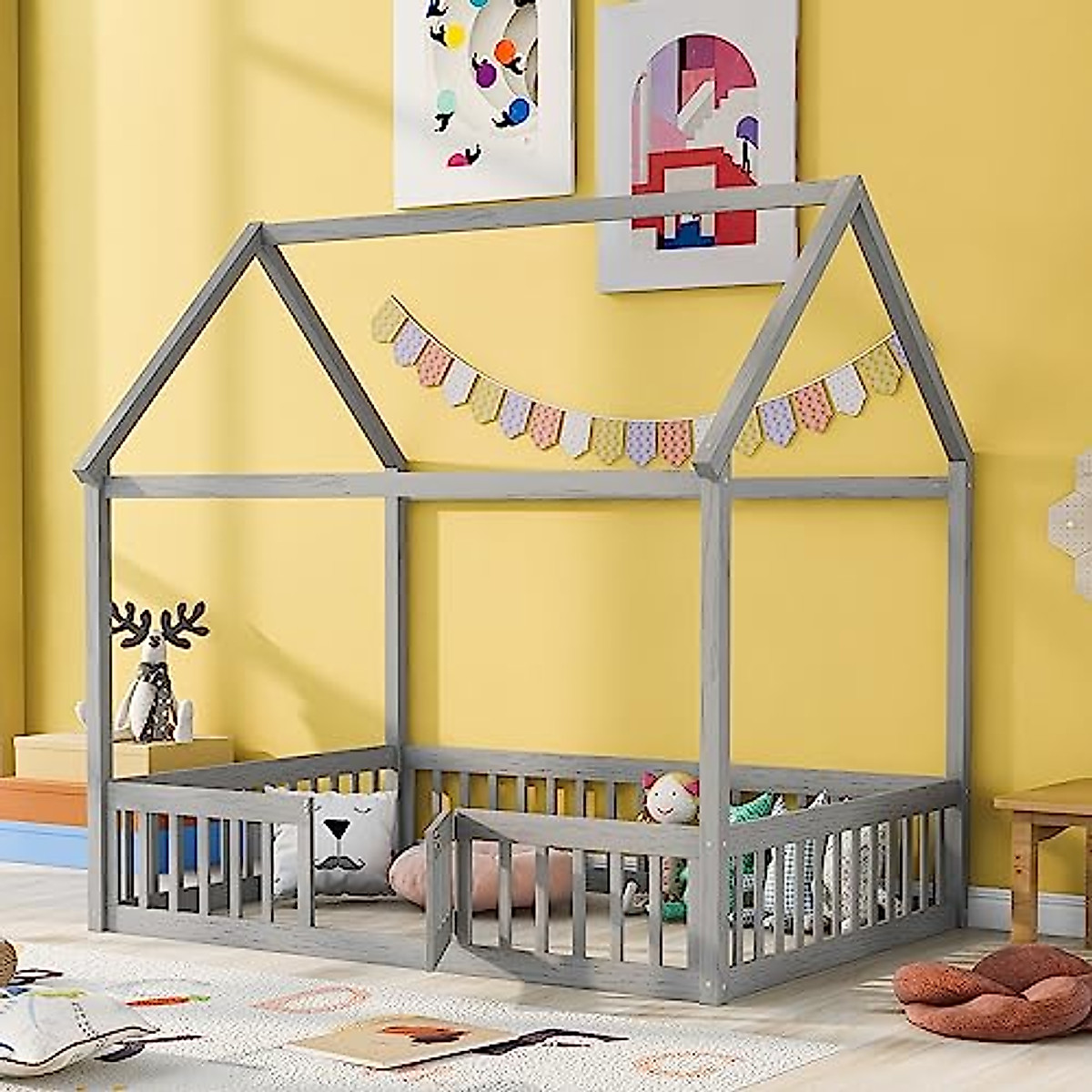 Eafurn Full Size House Bed with Fence Railings and Small Door, Solid Wooden Floor Platform Bed with Roof Design, Playhouse Bed Frame Easy Assemble for Kids, Teens, Girls, Boys