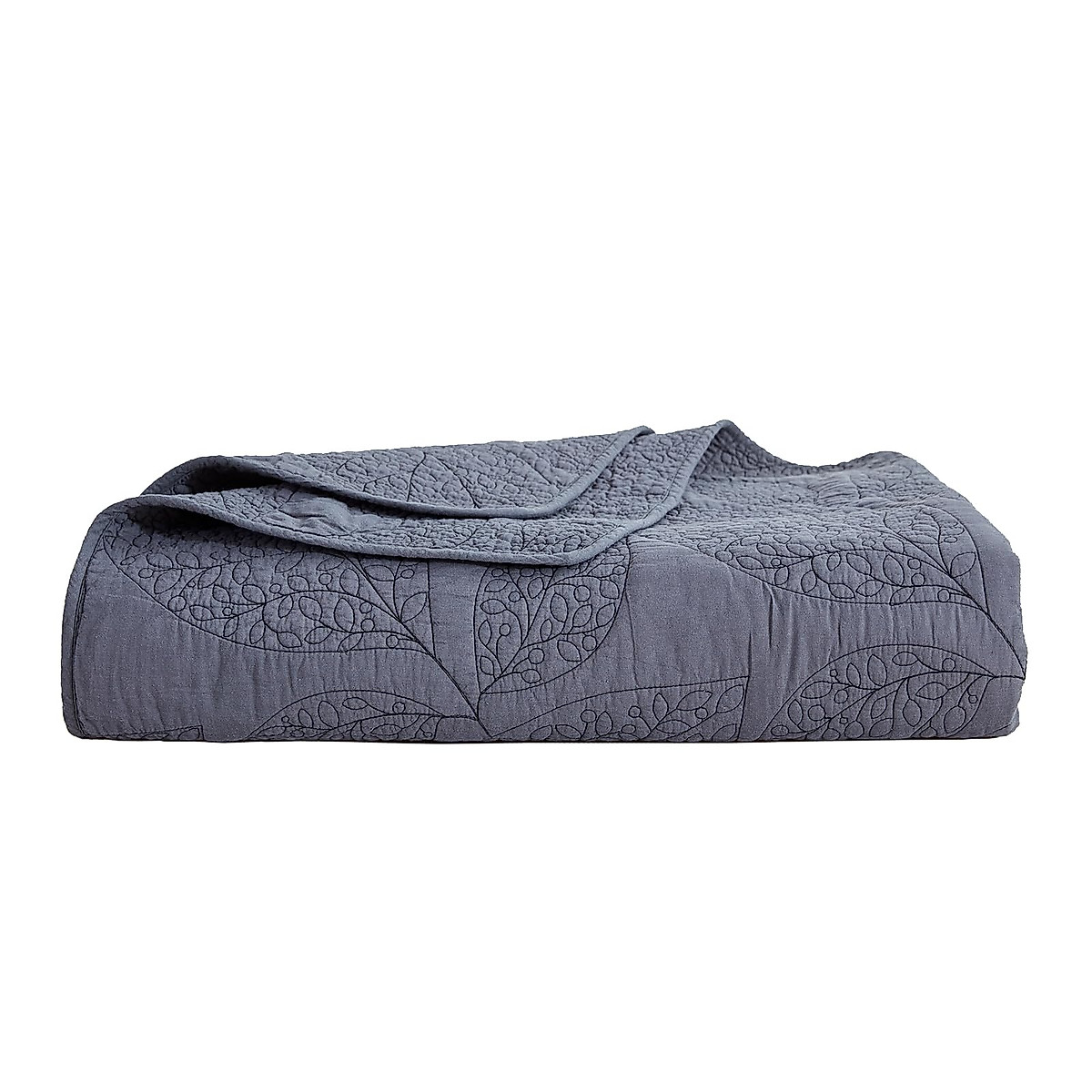 CHIXIN Botanical Cotton Quilt Queen Size - Real Stitching Leaf Pattern - Quilted Bedspread Coverlet Set, Ultra Soft, Lightweight, Reversible, 3 Piece, Dark Grey