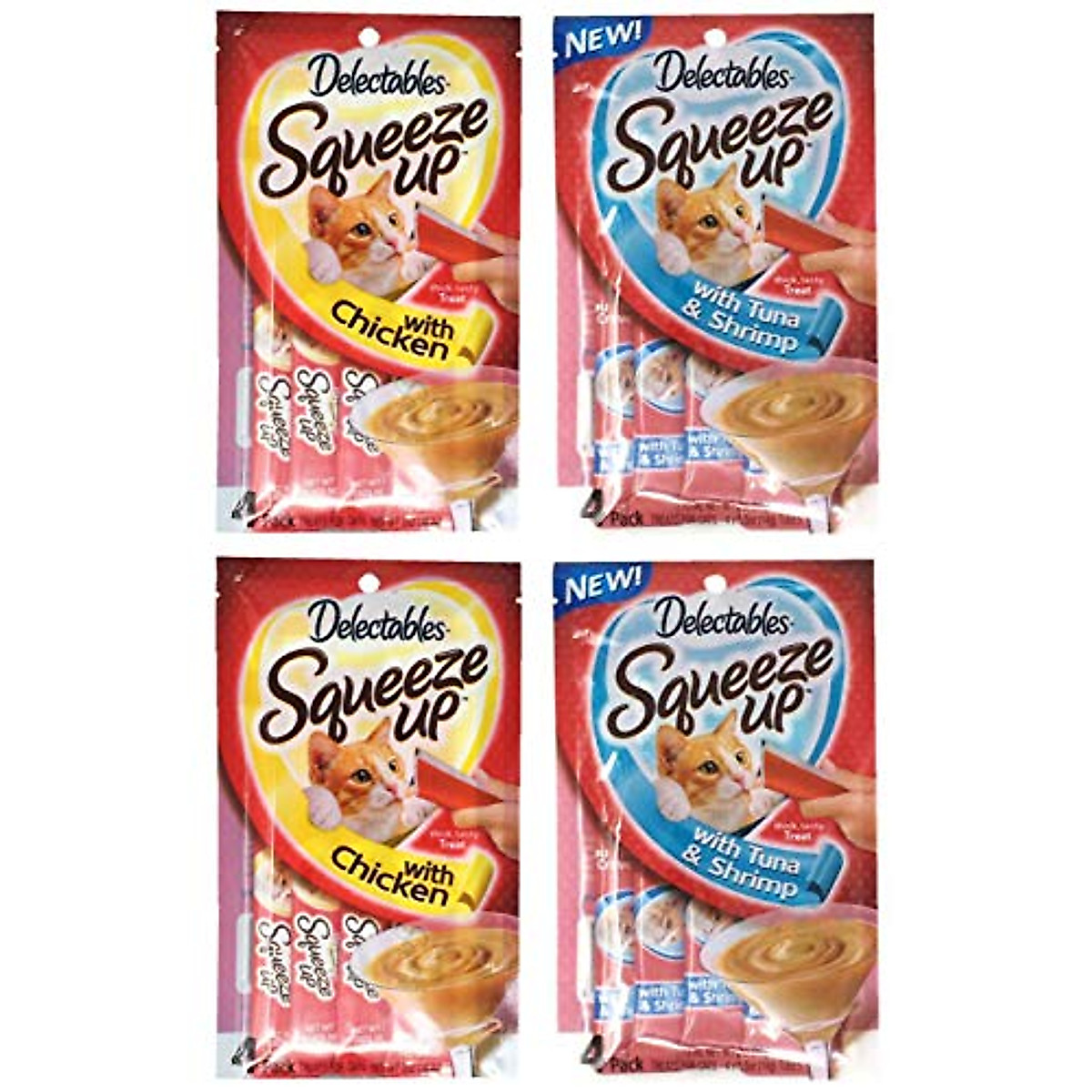 Delectables Hartz Squeeze Up Cat Treats Variety 4 Pouch Bundle of 2 Flavors; 2 Pouches of Each Flavor (2.0 oz Each) (Chicken, Tuna & Shrimp)