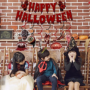 Quimoy Scary Halloween Banner, Happy Halloween Party Decorations, Scary Halloween Decorations with 8Pcs Halloween Hanging Swirls for Halloween Party Indoor Outdoor