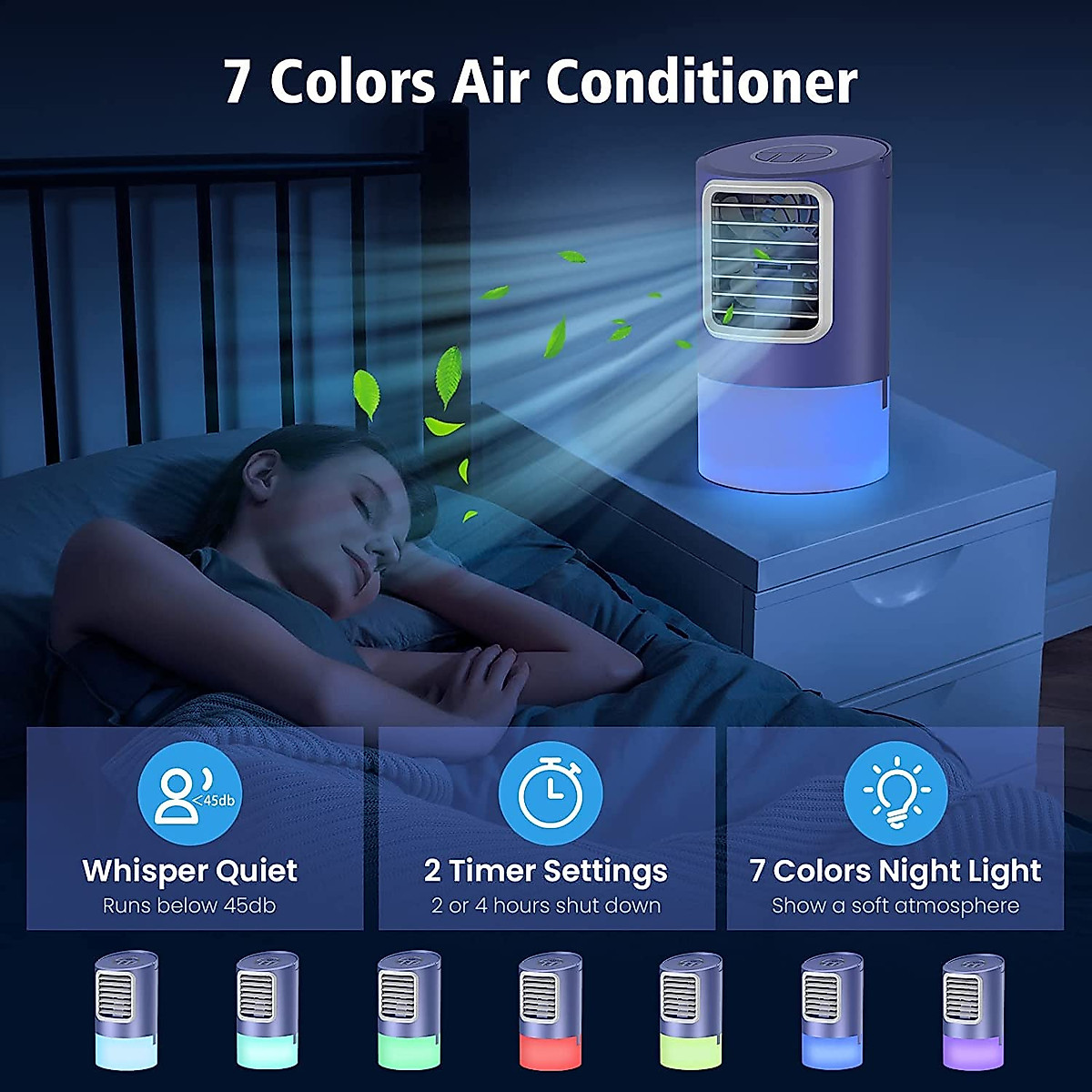 Portable Air Conditioner, 3-in-1 Personal Air Cooler with 3 Speed, 400ML Evaporative Humidifier with 2/4 Timer, Desktop Mini Cooling Misting Fan for Room Home Office, 7 Color Night Lights (White)