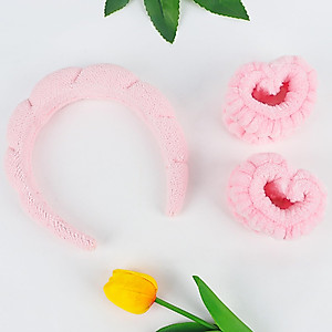 Casoty Headband and Wristband Set, 3 Pcs Terry Cloth, Skin Care Headbands, Hair Band Spa Headband and Wristband Set, Makeup Headband for Face Washing Shower Yoga