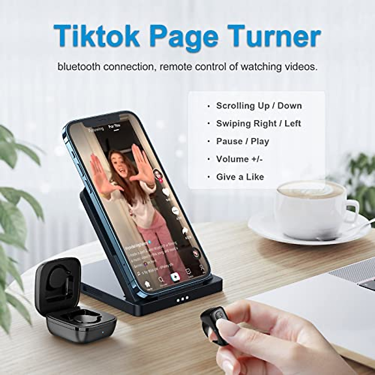 TikTok Remote Control Ring Kindle APP Page Turner, TIK Tok Scrolling Ring for Shutter Selfie Video Recording, Bluetooth Tiktok Clicker Finger Remote with Charging Case for iPad iPhone Android (Black)