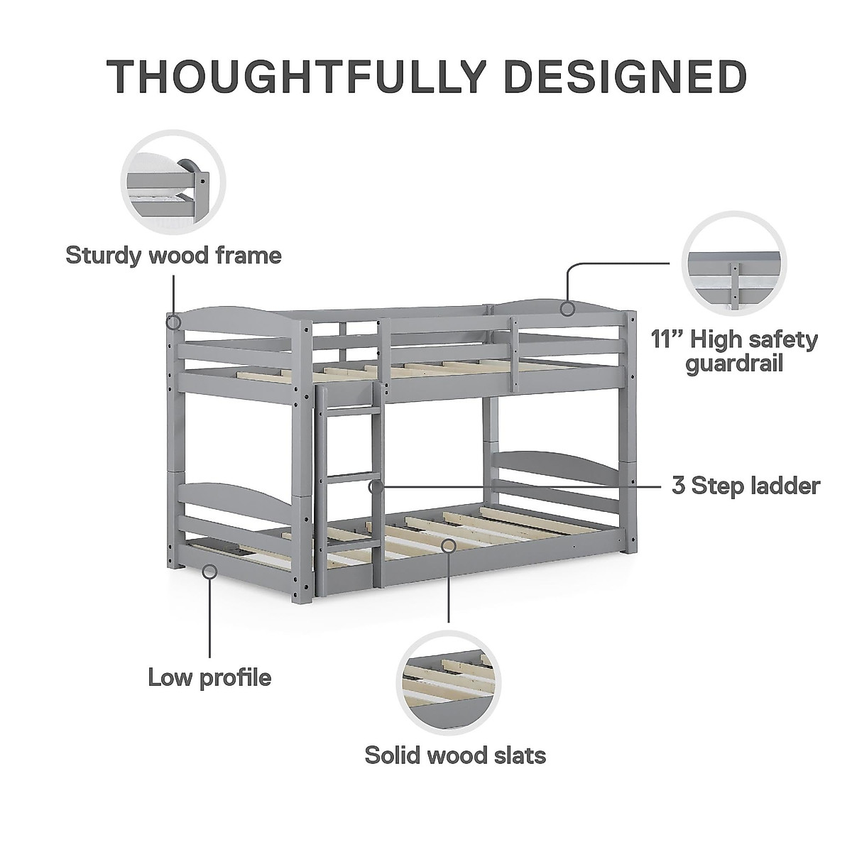 DHP Phoenix Convertible Low Wood Floor Bunk Bed, Stackable and Detachable Bed Frames for Kids, Solid Wood, with Ladder, High Guardrail, Wood Slats, No Boxspring Required, Twin-Over-Twin, Gray