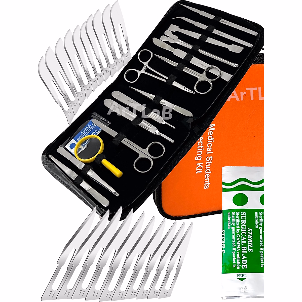 New Premium Stainless Steel Biology Lab/Anatomy/Medical Student Dissection Kit Set - Scalpel Knife Handle,Blades, Forceps, Scissors and Tweezers- Medical Students and Veterinary (Set of 34 Each)