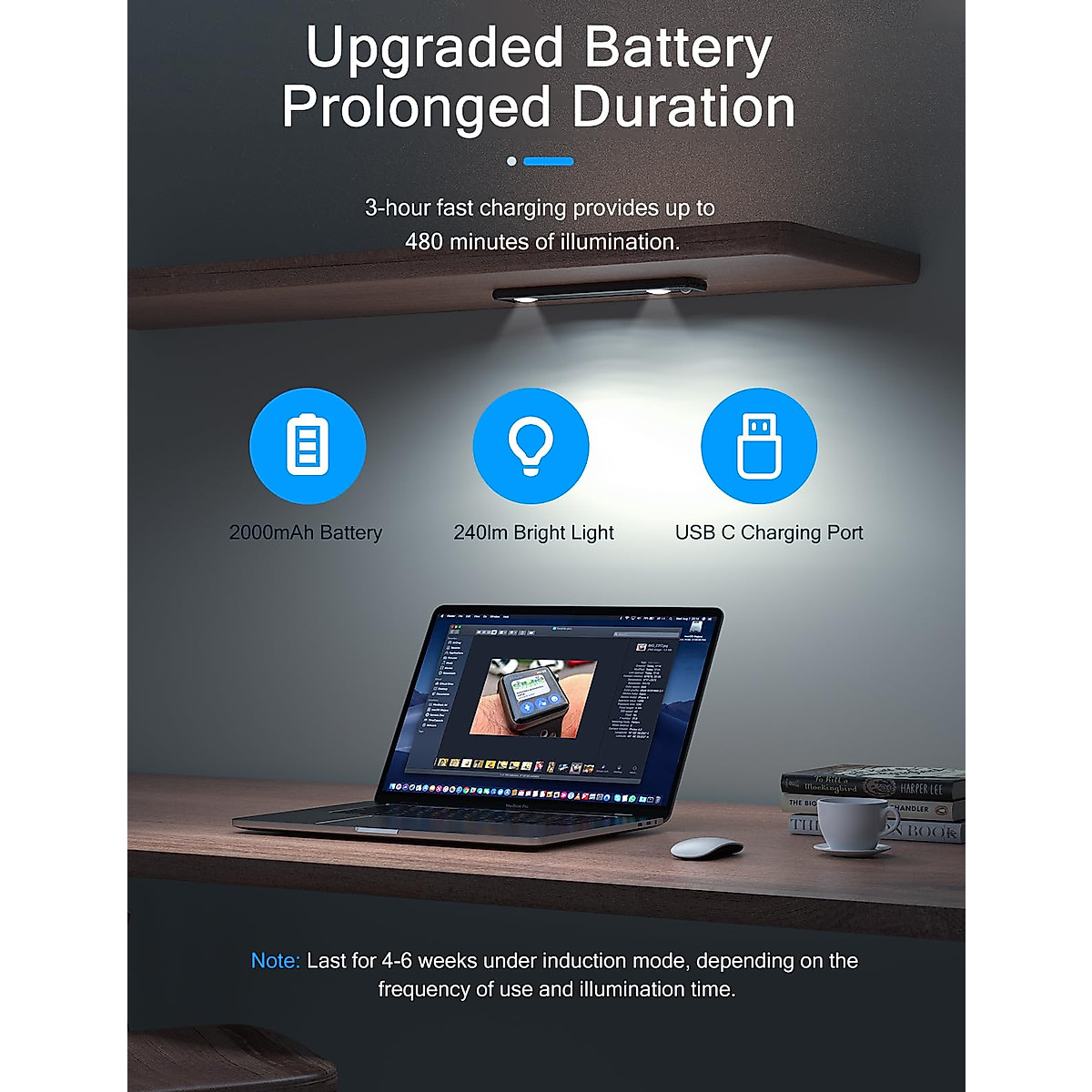 Under Cabinet Lights, Wireless Motion Sensor Light Indoor, Black 10in LED White Lighting Rechargeable Battery Operated,4 Modes Night Light, Stick-On Magnetic Closet Lights for Kitchen, Hallway(2 Pack)