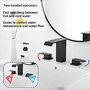Waterfall Bathroom Faucet Matte Black Widespread GGStudy 3 Holes 2 Handle Black Modern Bathroom Sink Faucet with Pop Up Drain