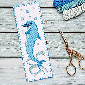 Dolphin Counted Cross Stitch Bookmark Kit for Adults - DIY Embroidery Book Marker Set with Paper Pattern, 16 Count Aida Canvas and Pre-Sorted Floss