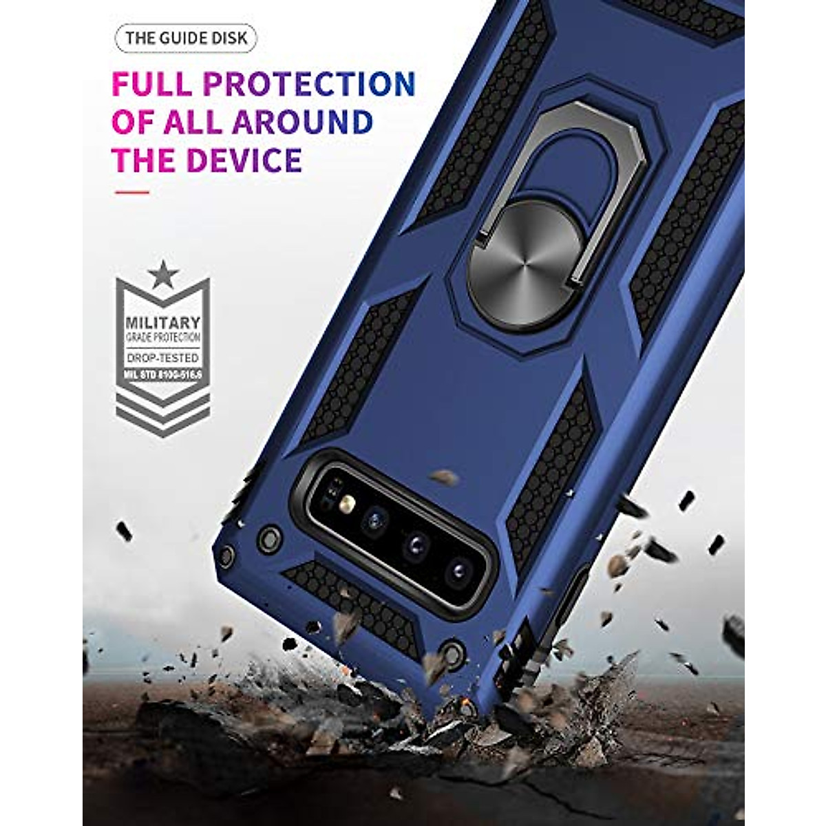 Androgate for Samsung Galaxy S10 Case with HD Screen Protectors, Military-Grade Metal Ring Holder Kickstand 15ft Drop Tested Shockproof Cover Case for Samsung Galaxy S10 (2019) Blue