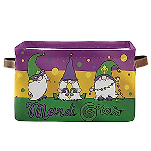 Mardi Gras Gnomes Storage Basket Fabric Laundry Baskets Gold Green Purple Fleur de Lis Mask Beads Confetti Feather Storage Boxes Organizer Bag for Baby Toy Book Storage Cubes Shelf Closet Bins 16×12×8