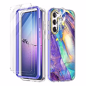 Rancase for Galaxy S23 5G Case,[2 Tempered Glass Screen Protector + 2 Camera Lens Protector ] Marble Pattern Slim Shockproof Protective Soft Women Girls Cover for Samsung Galaxy S23,Purple