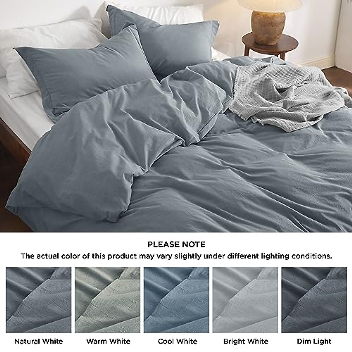 Bedsure 100% Washed Cotton Duvet Cover Queen - Grey Blue Minimalist Cotton Duvet Cover Set Linen Like - 3 Pieces Plain Simple Cotton Duvet Cover Set with 2 Pillow Shams (Grey Blue, Queen, 90"x90")