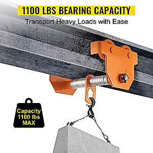 VEVOR 0.5 Ton Manual, 1100 LBS/0.5T Load Capacity Trolley, 2.5-8 inch Adjustable Width Push Beam with Dual Wheels, Orange