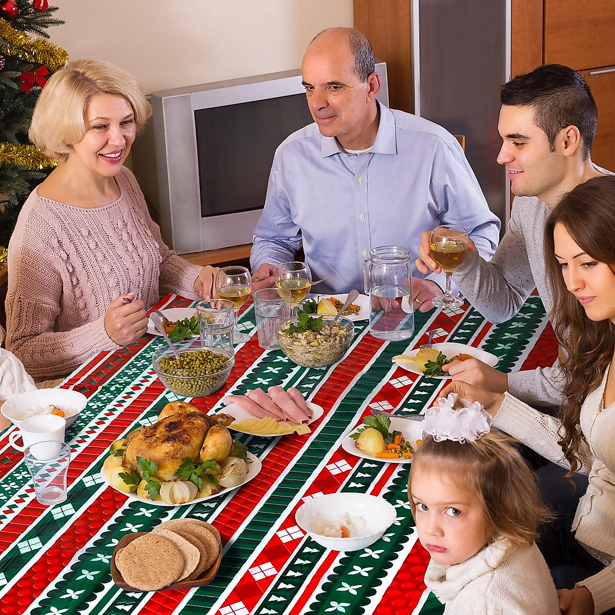 4 Pcs Christmas Tablecloth Disposable Plastic Rectangle Xmas Picnic Table Cover Christmas Pattern Printed Dining Table Cloth for Xmas Kitchen Decorations Holiday Party (Bright Style, 51.2 x 86.6 Inch)