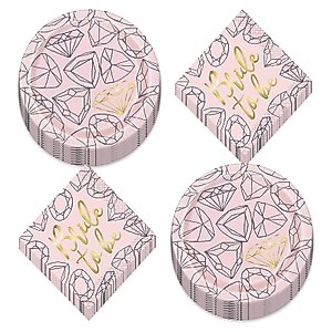 Live It Up! Party Supplies Pink & Gold Diamond Bride to Be Paper Dessert Plates and Beverage Napkins (Serves 16)
