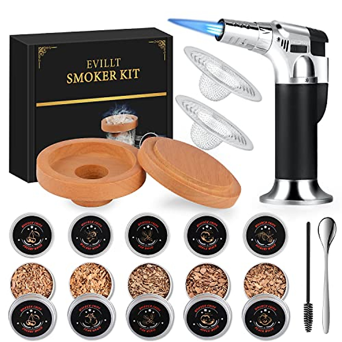 Cocktail Smoker Kit with Torch with 10 Flavors Wood Chips, Old Fashioned Whiskey Smoker Kit, Drink Smoker Infuser Kit Gifts for Men, Dad, Husband (Without Butane)