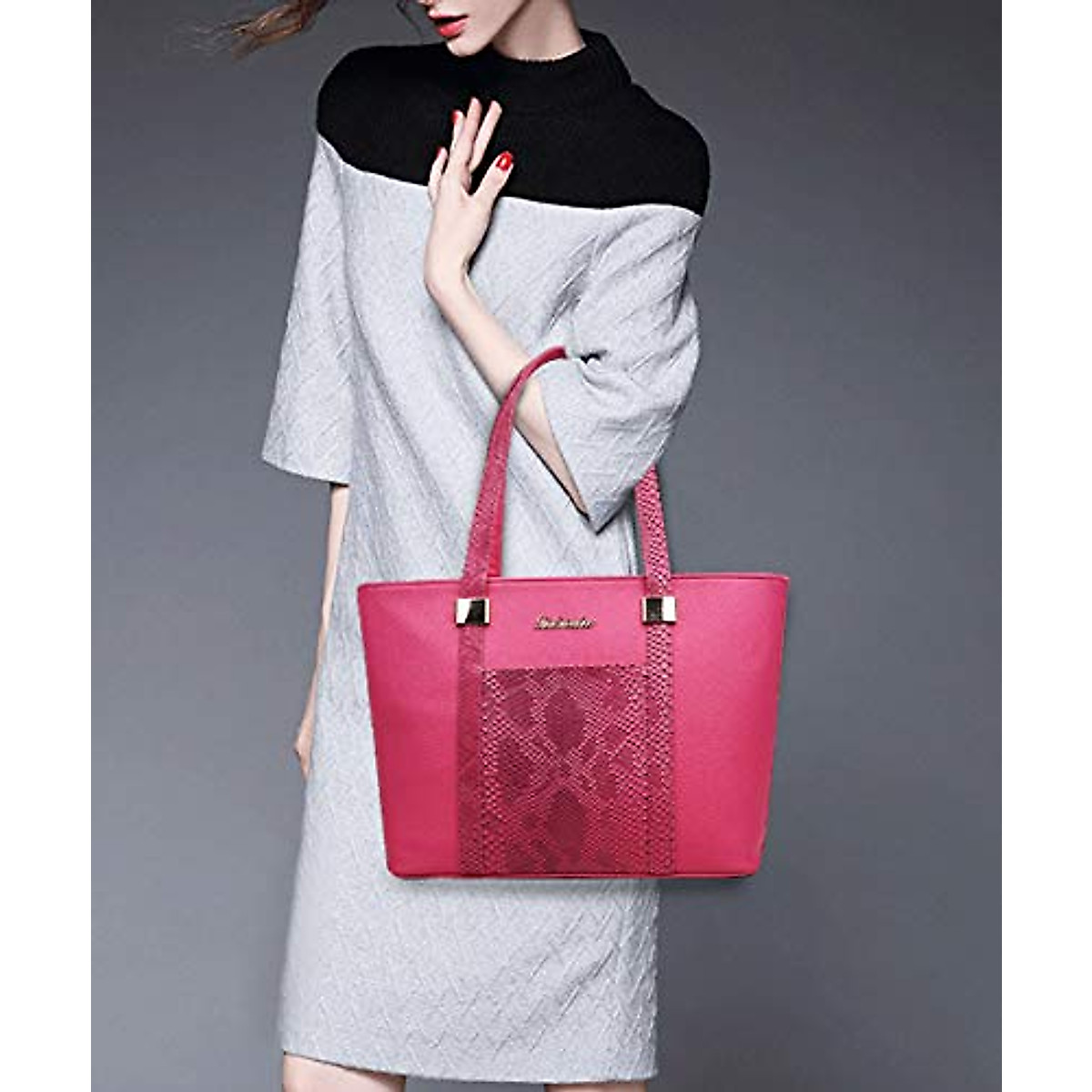 Rullar Women 6 Pcs Bag Set Stitching Handbag and Purse PU Top-handle Bag Tote Clutch Wallet Card Holder Rose