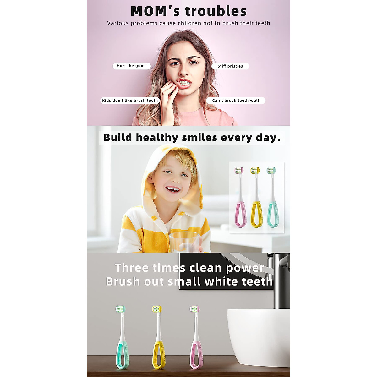 LEYUYO 3 Sided Toothbrush Kids, Soft Bristles Toddler Toothbrush, Autism Toothbrush, 360° Oral Teeth Cleaning, Ages 2+