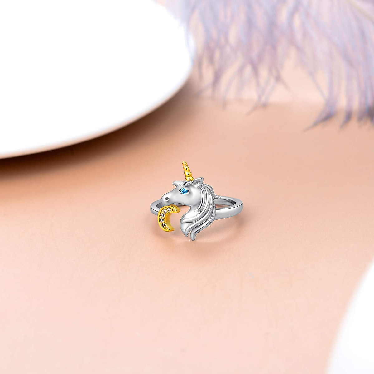 LONAGO Unicorn Ring with Moon Sterling Silver Unicorn Stacking Ring for Women (silver, 7)