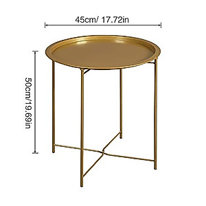 HOME BI Small Round End Table, Accent Side Table Nightstand with Removable Tray Top for Living Room Bedroom, Folding Mini Coffee Table, All Metal Frame, No Assembly Required, Gold