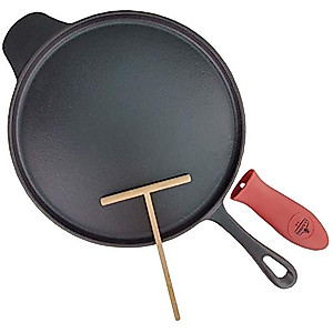 La Cuisine Cast Iron Crepe Pan with Wood Spreader Heat Resistant Handle Sleeve Tawa Dosa Tortilla Pan 11.8" Dia Matte Black Enamel Coating PFOA Free