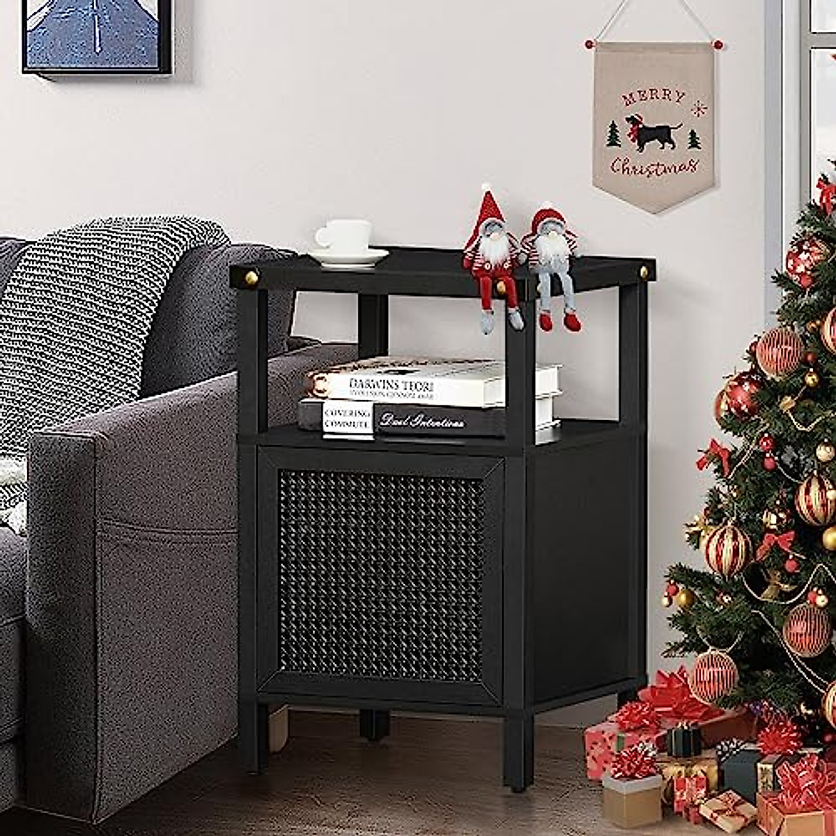 Lerliuo Rattan Nightstand, Side End Table with Handmade Natural Rattan Door and Open Shelf, Wood Accent Night Stand with Storage, Mid Century Modern Bedside Table for Bedroom, Living Room (Black)