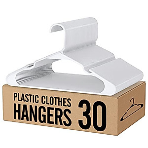 Smartor Plastic Hangers 30 Pack, White Clothes Hangers, Durable Coat Hanger for Closet, Thick White Hangers, Notched Hangers for Adult, Hanging Shirts, Blouses as Space Saving Hangers - White