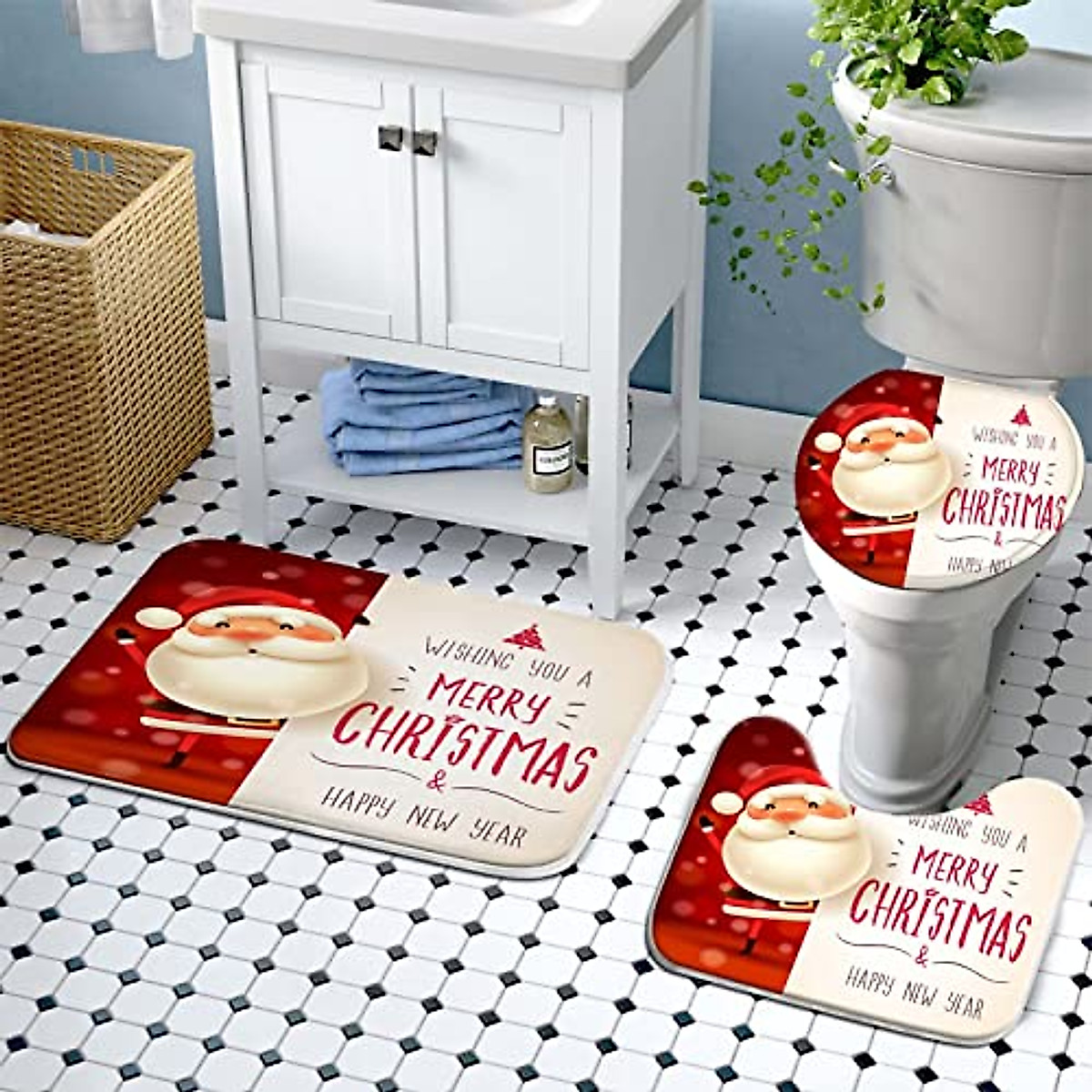 Christmas Shower Curtain Set 4PC with Christmas Shower Curtain with Toilet Lid Cover and Bath Mat, Santa Claus with Big Signboard Christmas Bathroom Set Winter Holiday Home Decor