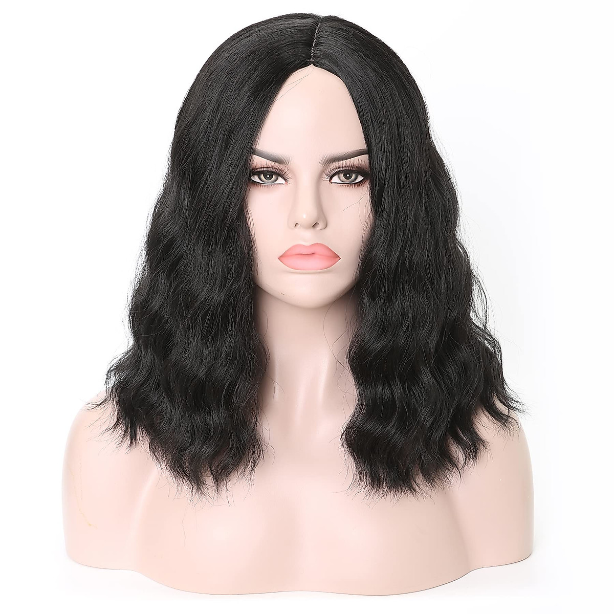 Rosa Star Short Wavy Black Wig, Short Black Bob Wigs for Women, Wavy Bob Wig Synthetic Natural Looking Heat Resistant Fiber Wigs