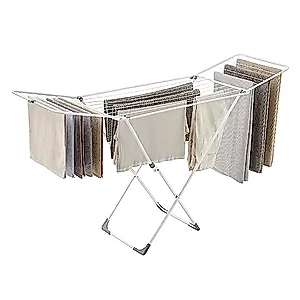 SONGMICS Clothes Drying Rack, Metal Laundry Drying Rack, Foldable, Space-Saving, Free-Standing Airer, with Gullwings, Indoor Outdoor Use, Bed Linen Clothing, White ULLR540W01