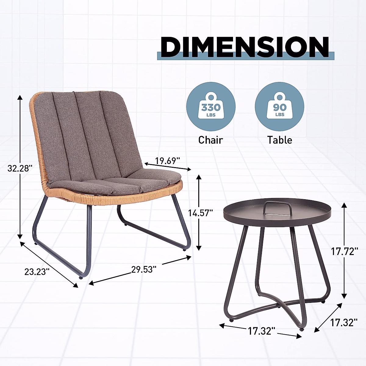 3PCS Patio Conversation Set Rattan Patio Furniture Set Adjustable Feet L-shaped Wicker Furniture Set with Portable Table Outdoor Patio Bistro Set Soft Cushions Detachable Balcony Backyard Deck