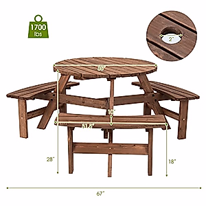 Giantex 6 Person Wooden Picnic Table Set with Wood Bench, with Umbrella Hold Design, Perfect for Outdoor Garden Yard Pub Beer Dining, Dark Brown
