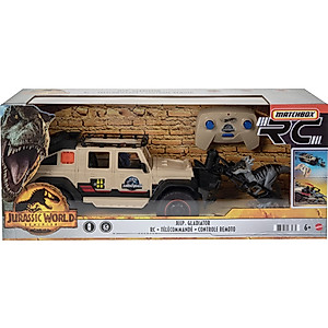 Hot Wheels Matchbox RC Jurassic World Dominion Jeep Gladiator, 6-inch Dracorex Dinosaur Figure, Remote-Control Toy Car with Auto-Capture Claw
