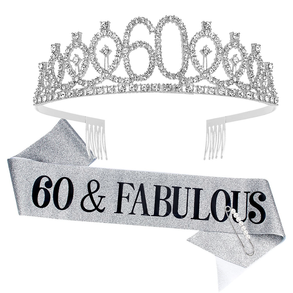 Tihebax 60th Birthday Sash and Tiaras for Women, 60th Birthday Decorations Women Fabulous Sash and Crown for Women 60 & Fabulous Birthday Gifts for Happy 60th Birthday Party Favor Supplies (Silver)