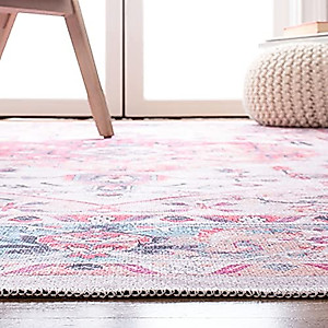 SAFAVIEH Serapi Collection Machine Washable 4' x 6' Ivory/Light Blue Boho Chic Oriental Medallion Living Room Bedroom Dining Area Rug