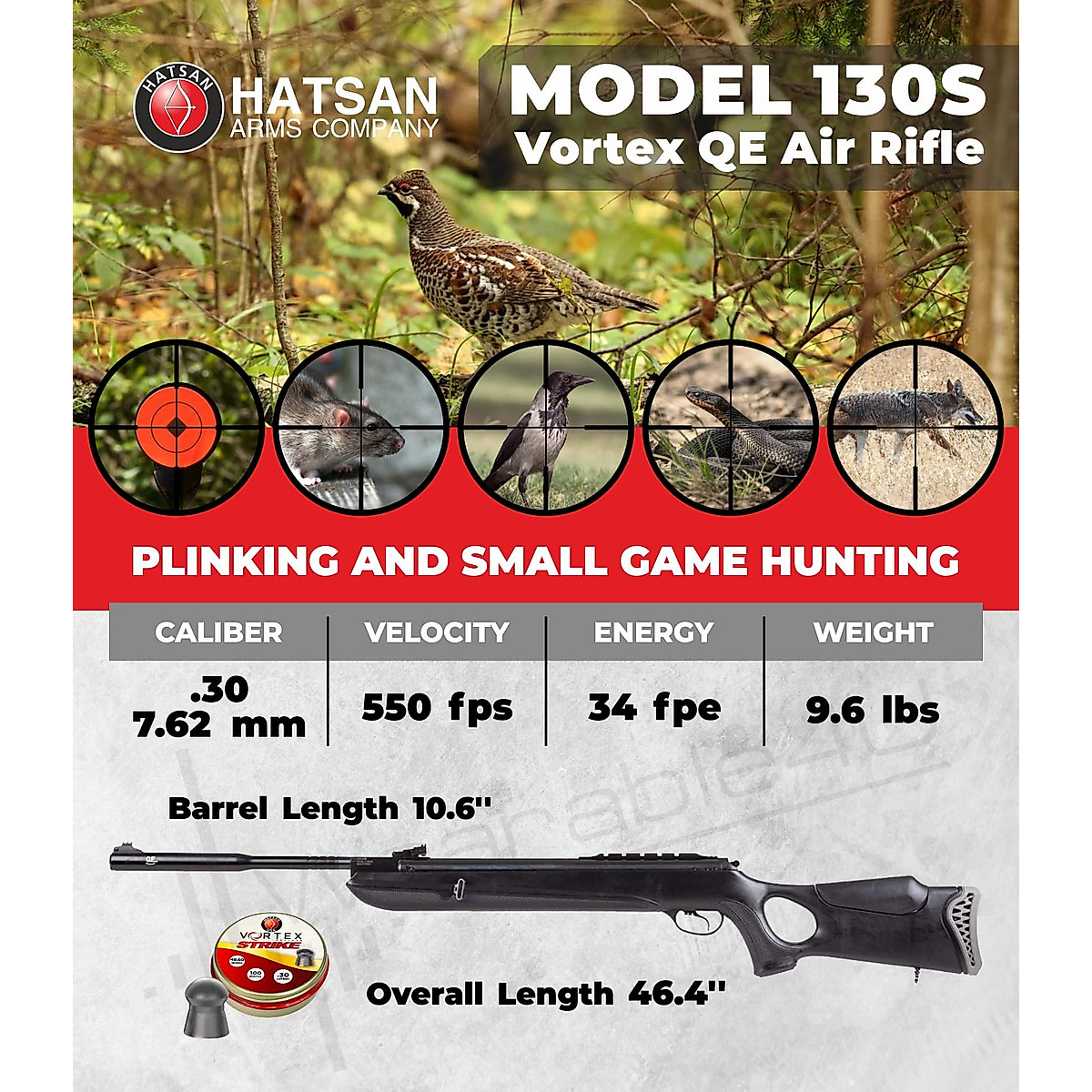 Hatsan Mod 130S Carnivore .30 Cal 600 FPS / 34 FPE - Big bore Break Barrel Air Rifle .30 Caliber w/Vortex Piston & QuietEnergy (QE)| Medium Game air Gun + Wearable4U Pack of 100x Pellets Bundle
