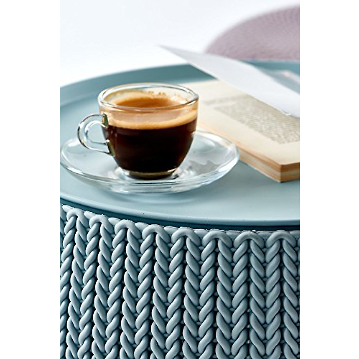 Keter Urban Knit Pouf Ottoman Set of 2 with Storage Table for Patio and Room Décor - Perfect for Balcony, Deck, and Outdoor Seating, Misty Blue & Taupe