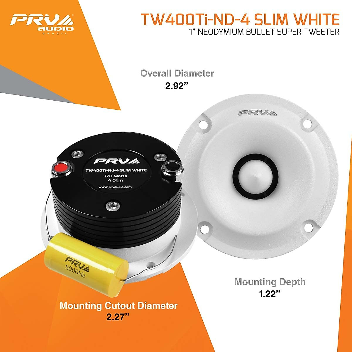 PRV Audio Bullet Super Tweeters Neodymium, 3 Inch Tweeter White TW400Ti-Nd-4 Slim 120 Watts Max Power 4 Ohm, Easy to Mount PRV Tweeters Pair, 3 Inch Speaker Replacement (2 Tweeters)