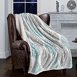 Gredice Sherpa Blankets Fleece Throw Blanket Reversible Soft Cozy Bed Blankets Abstract Seamless Plants Leaves,Flannel Sofa Throws,Grey and Teal Stripes on White Fuzzy Warm Blankets for Couch,40x50in