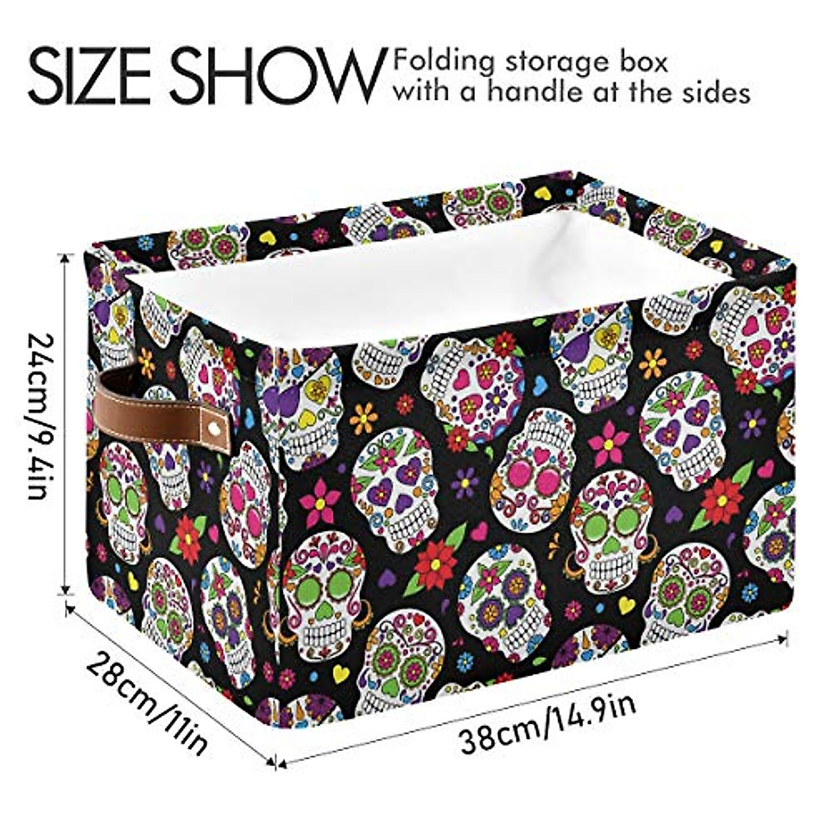 AGONA Large Foldable Storage Bin Colorful Dead Sugar Skull Storage Bins Collapsible Decorative Fabric Storage Baskets with Leather Handles for Home Closet Bedroom Organizer Nursery 1 Pack