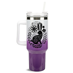 Elanze Designs Woodland Bunny Rabbit Flower Garden 40 oz. Stainless Steel, Large Water Bottle Coffee Mug, Spill & Leak Resistant, Thermal Travel Tumbler with Handle, Lid & Straw, White/Purple