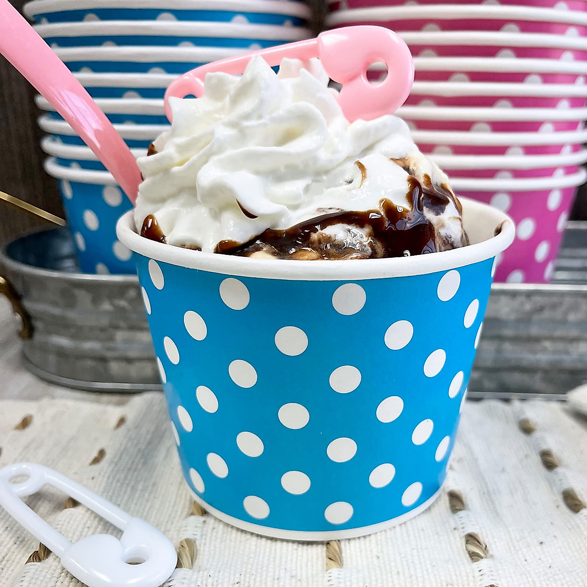 Outside the Box Papers Gender Reveal Ice Cream Party Kit - 12 Ounce Pink and Blue Dessert Treat Cups - Heavyweight Plastic Spoons - 24 each Cups and Spoons