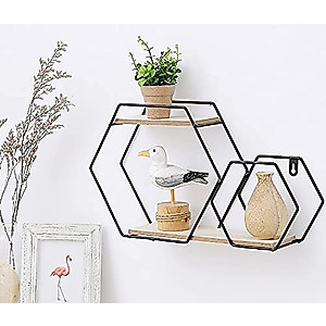 Fasyou Hexagon Floating Shelves Cute Black Honeycomb Shelves Wall Mounted Shelves with Metal Bracket Rustic Solid Wood Wall Shelves for Living Room,Bedroom,Black