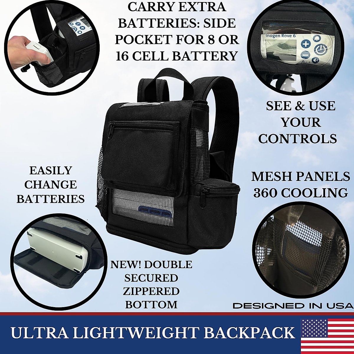 O2TOTES USA Lightweight Carrier for Inogen One G5 Oxygen Concentrator, Portable Oxygen Backpack with Adjustable Straps & Zippered Pockets (Black) Patented Design, New heavy duty zippered bottom