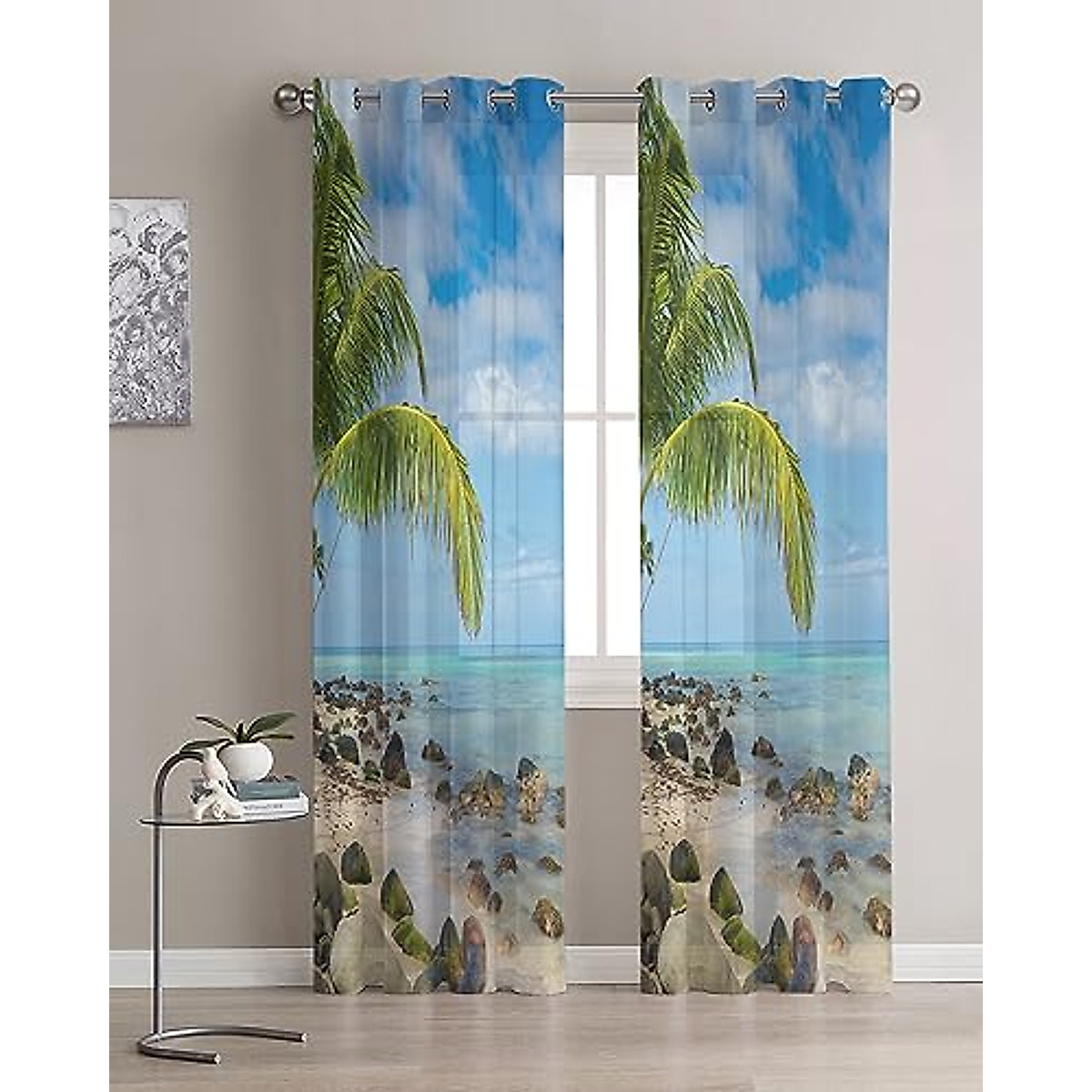 Sheer Curtains 1 Panel,Palm Tree Beach Sea Cloud Blue Sky Island Reef Stone Chiffon Window Treatment Grommet Semi Transparent Drapery for Kitchen Bedroom Decorations,52x96 Inch